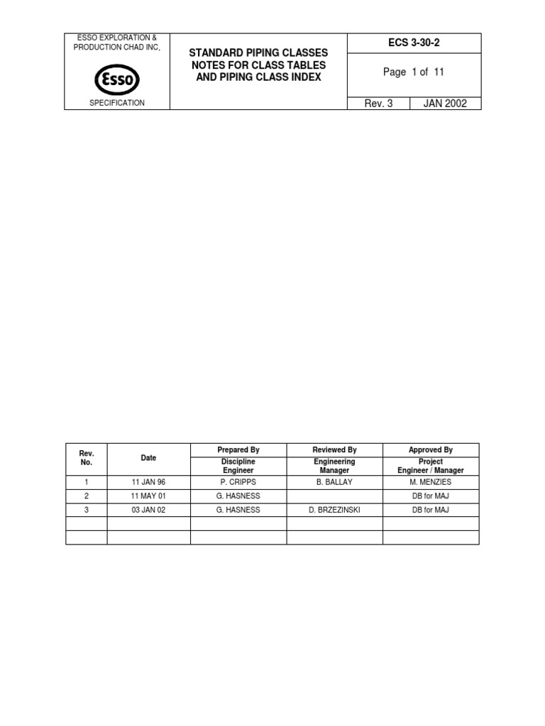 ECS 3-30-2 Standard Piping Classes Notes For Class Tables and Piping ...