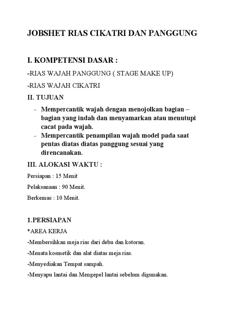 Jobsheet Rias Wajah Cikatri Panggung | PDF | Griya & Taman | Kesehatan ...
