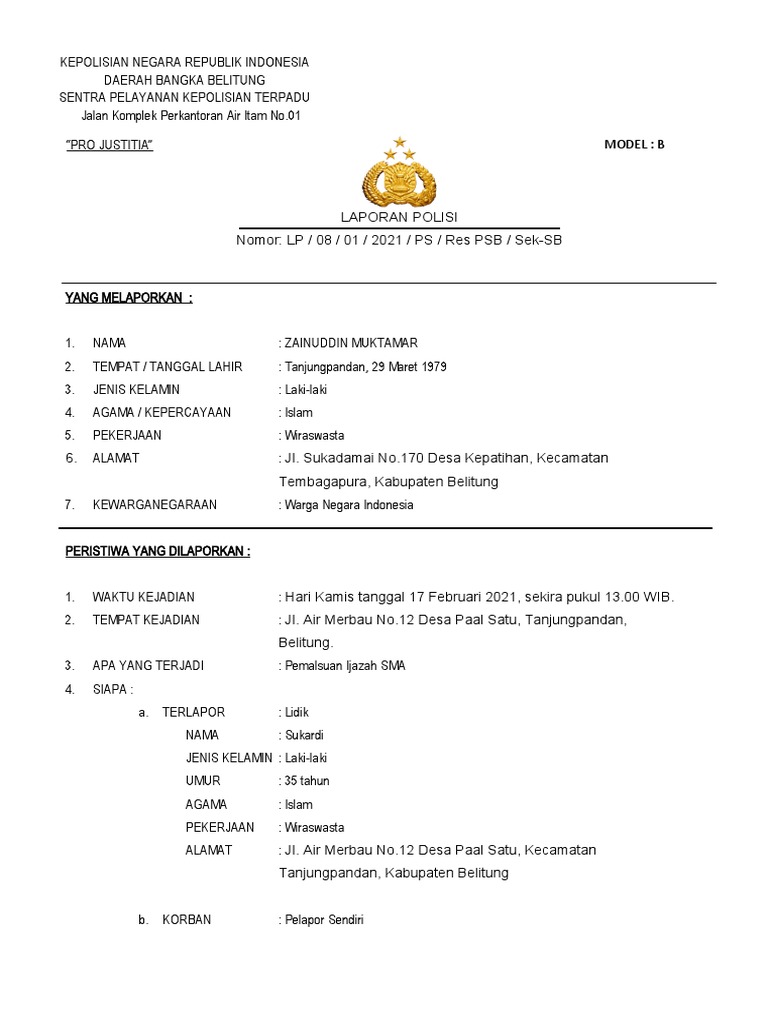 Laporan Polisi Model B | PDF