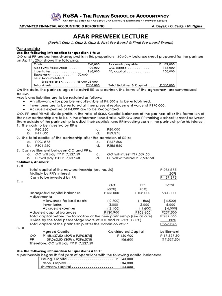 AFAR Preweek Lecture (B42) | PDF | Book Value | Balance Sheet