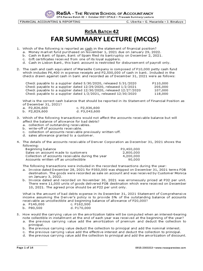 FAR Preweek Lecture (B42) | PDF | Depreciation | Lease