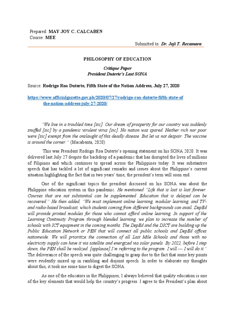 Critique Paper: President Duterte's Last SONA | PDF | Business | Social ...