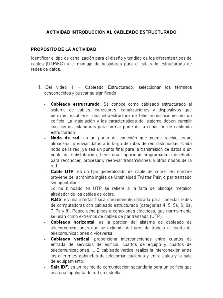 Actividad 1 Introducción Al Cableado Estructurado | PDF ...