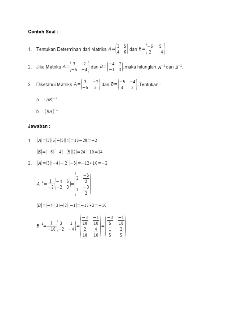 Contoh Soal Matriks Determinan Invers Ordo 2x2 | PDF