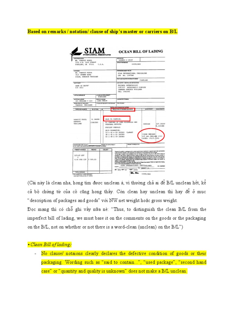 Based On Remarks / Notation/ Clause of Ship's Master or Carriers On B/L ...