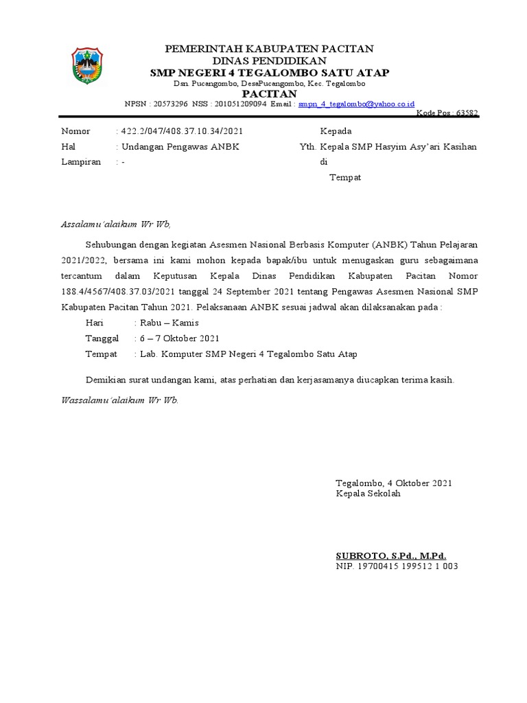 Undangan Pengawas Anbk 2021 | PDF