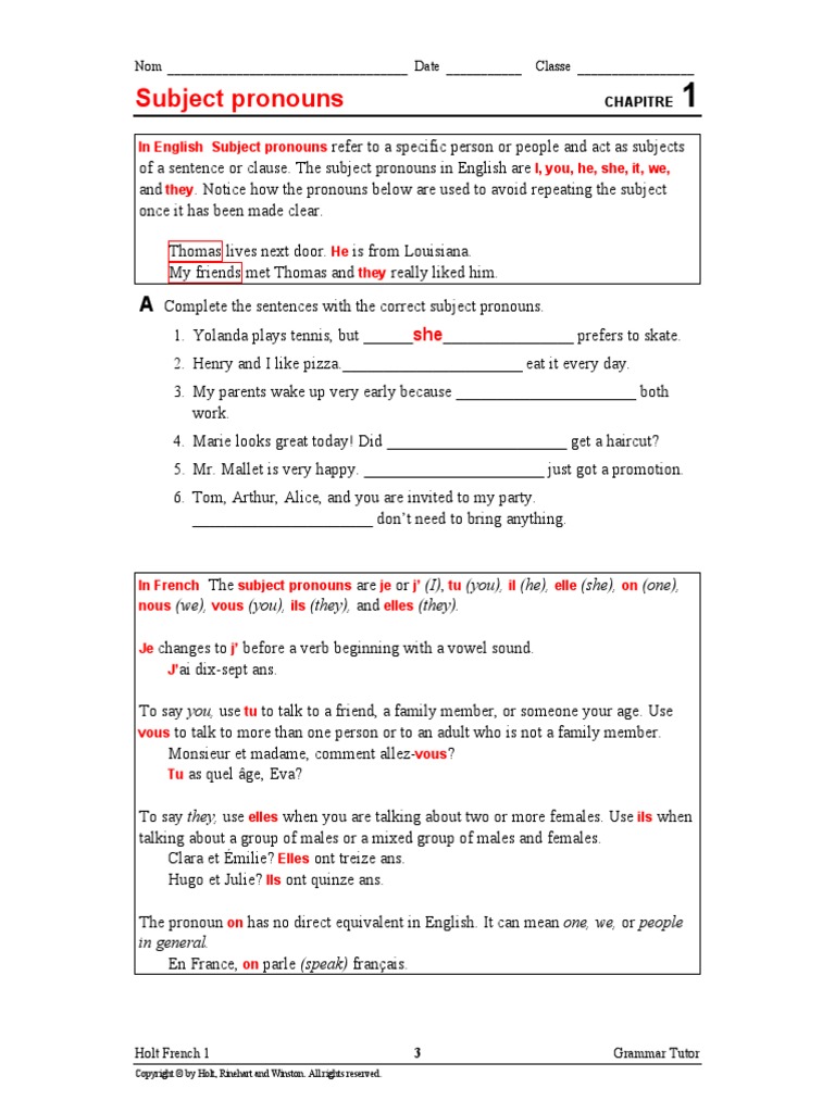 Subject Pronouns: in English Subject Pronouns I, You, He, She, It, We ...