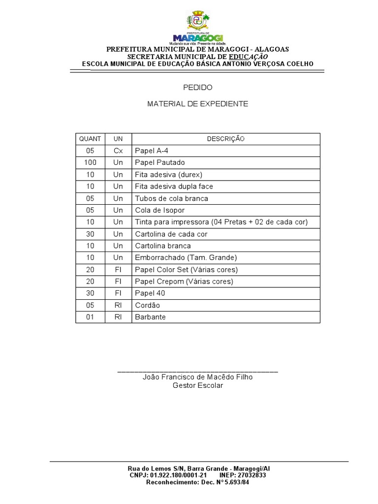 Relação de Pedido Material de Expediente | PDF