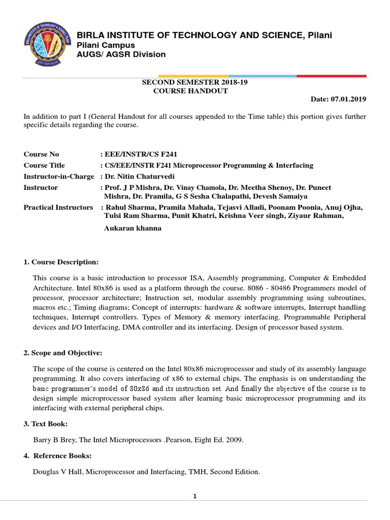 Microprocessor Programming and Interfacing Course Handout: Overview of Course Content, Learning ...