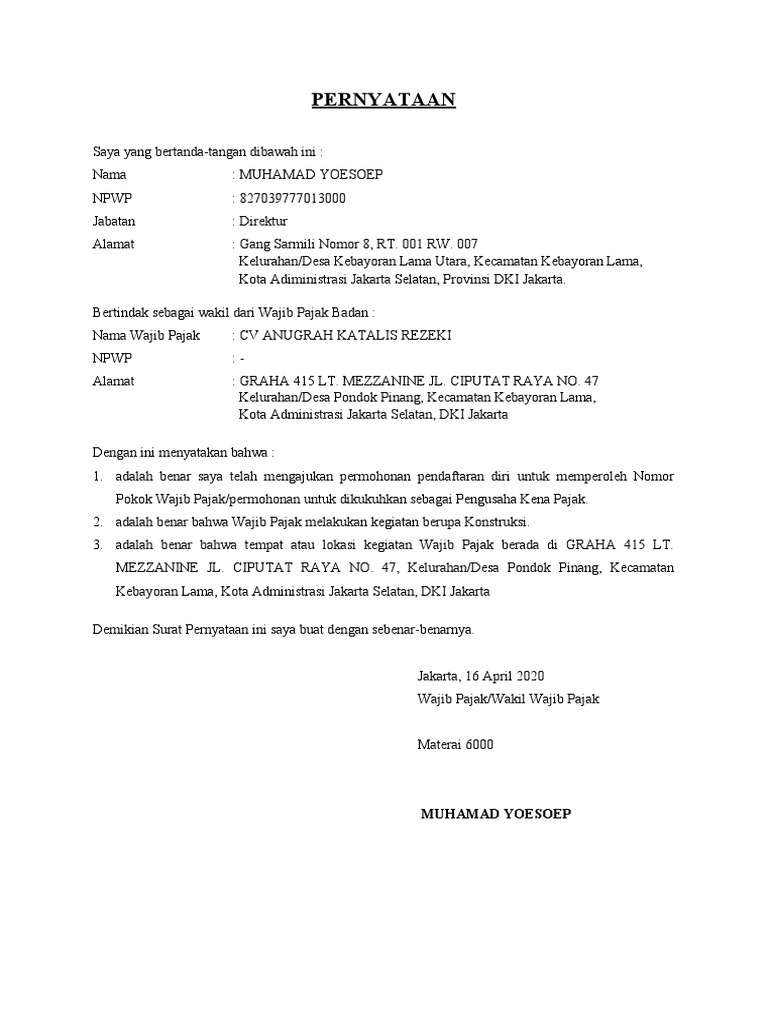 Surat Pernyataan - NPWP CV Pak Yus | PDF