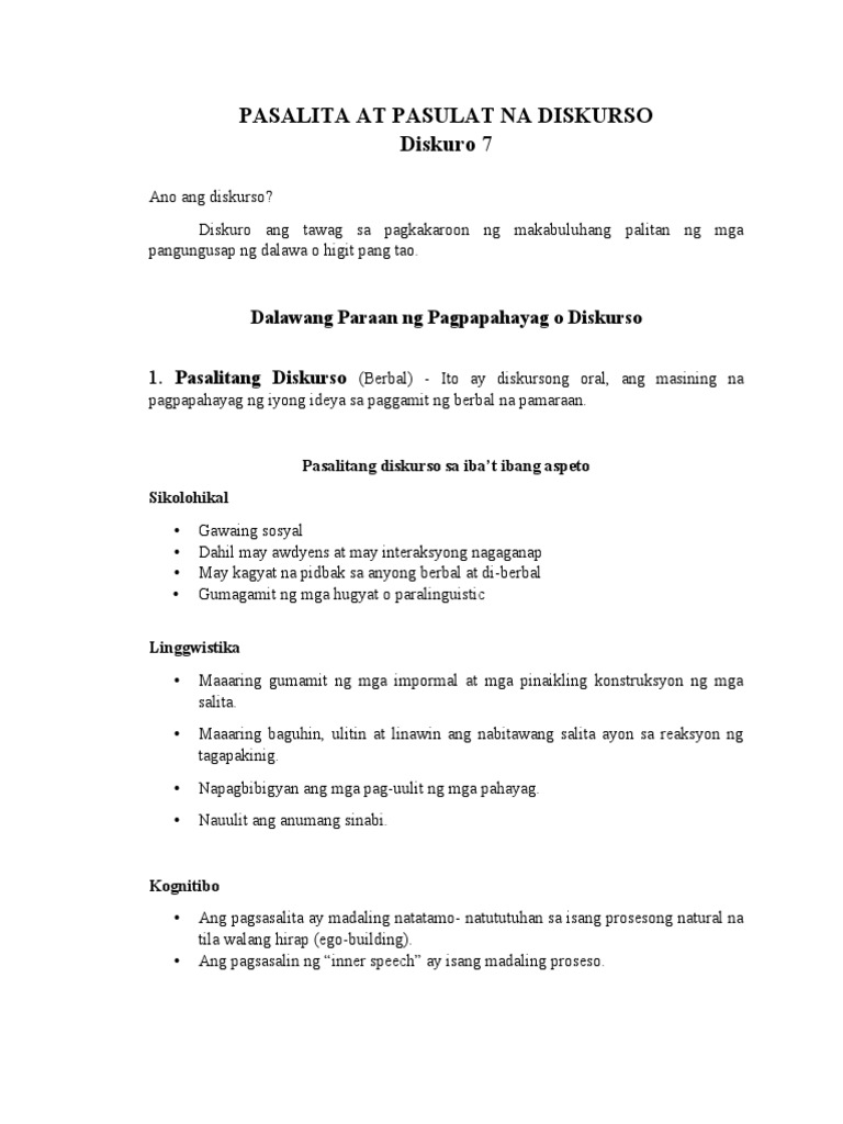 Pasalita at Pasulat Na Diskurso - Diskurso 7 | PDF