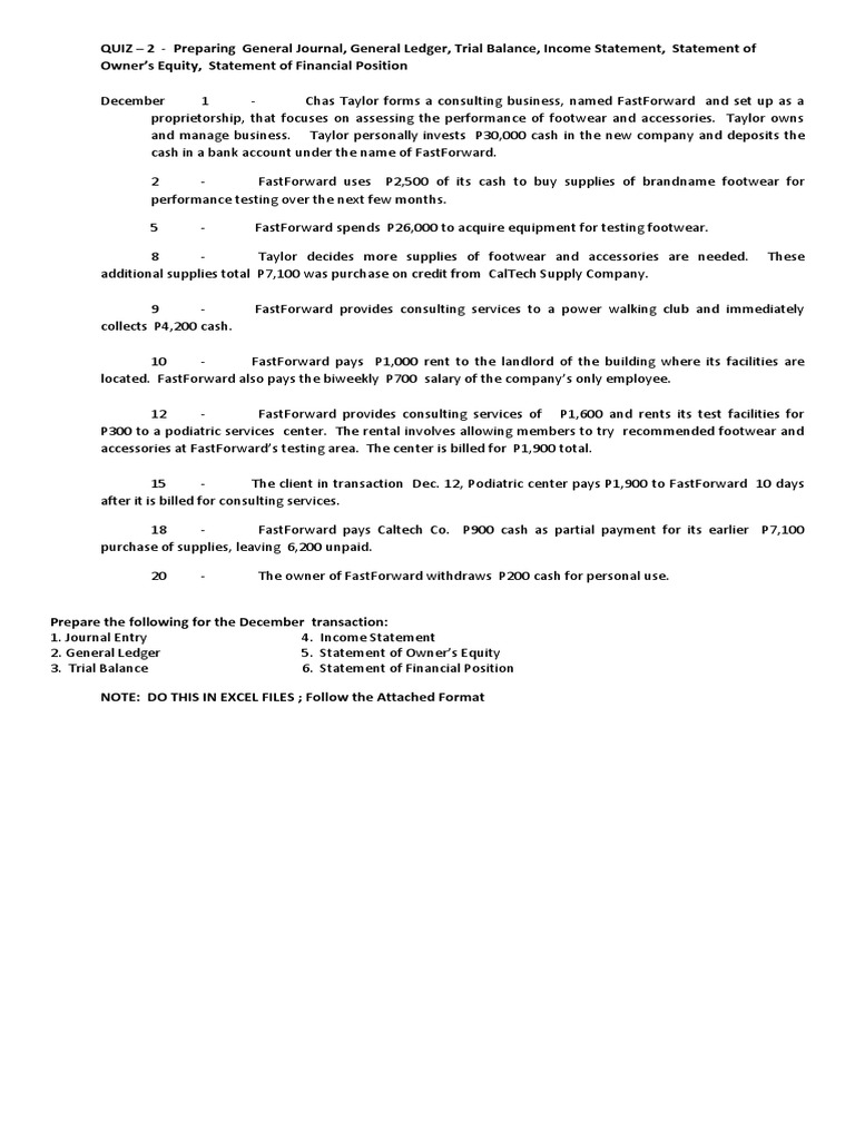 QUIZ 2 - Preparing General Journal, General Ledger, Trial Balance ...