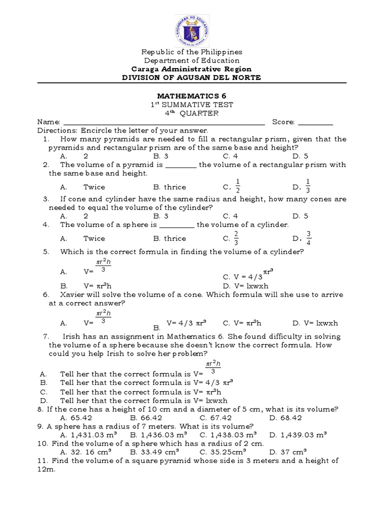 Summative Test No. 1 | PDF | Volume | Sphere