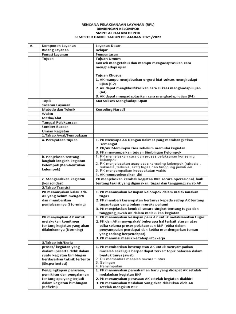 Rencana Pelaksanaan Layanan - Kelompok - Tugas PPG | PDF