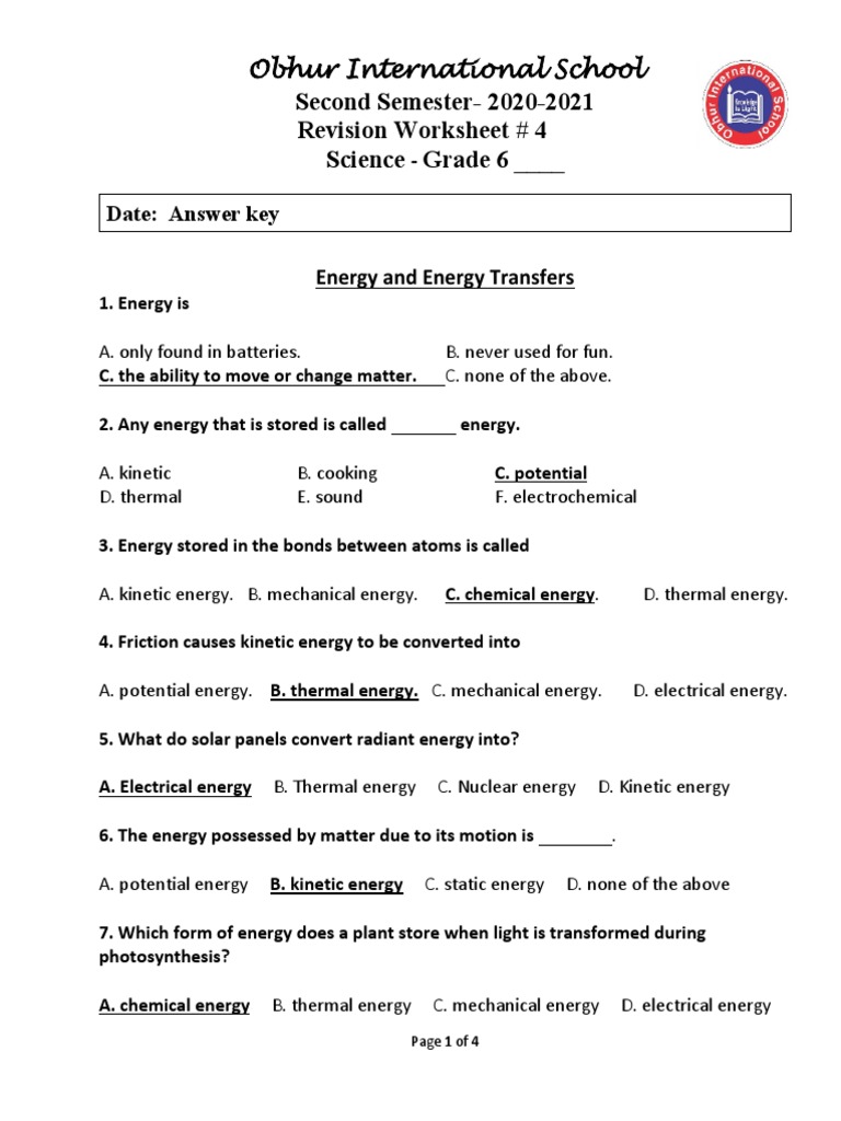 Understanding Energy Transformations: A Revision Worksheet and Answer ...