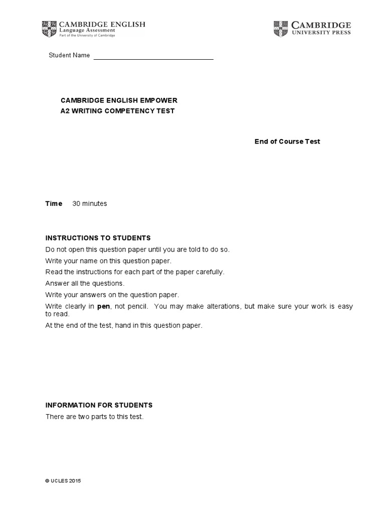 Cambridge English Empower A2 Writing Competency Test: Student Name | PDF
