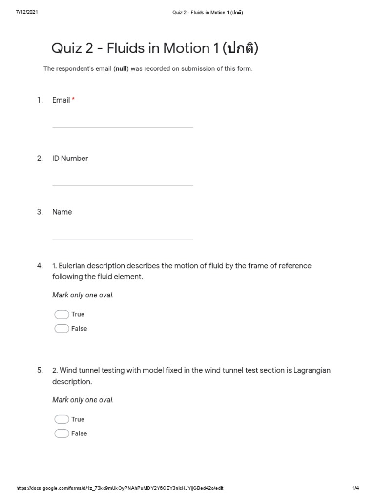 Quiz 2 - Fluids - ปกติ - Google Forms | PDF | Turbulence | Drag (Physics)