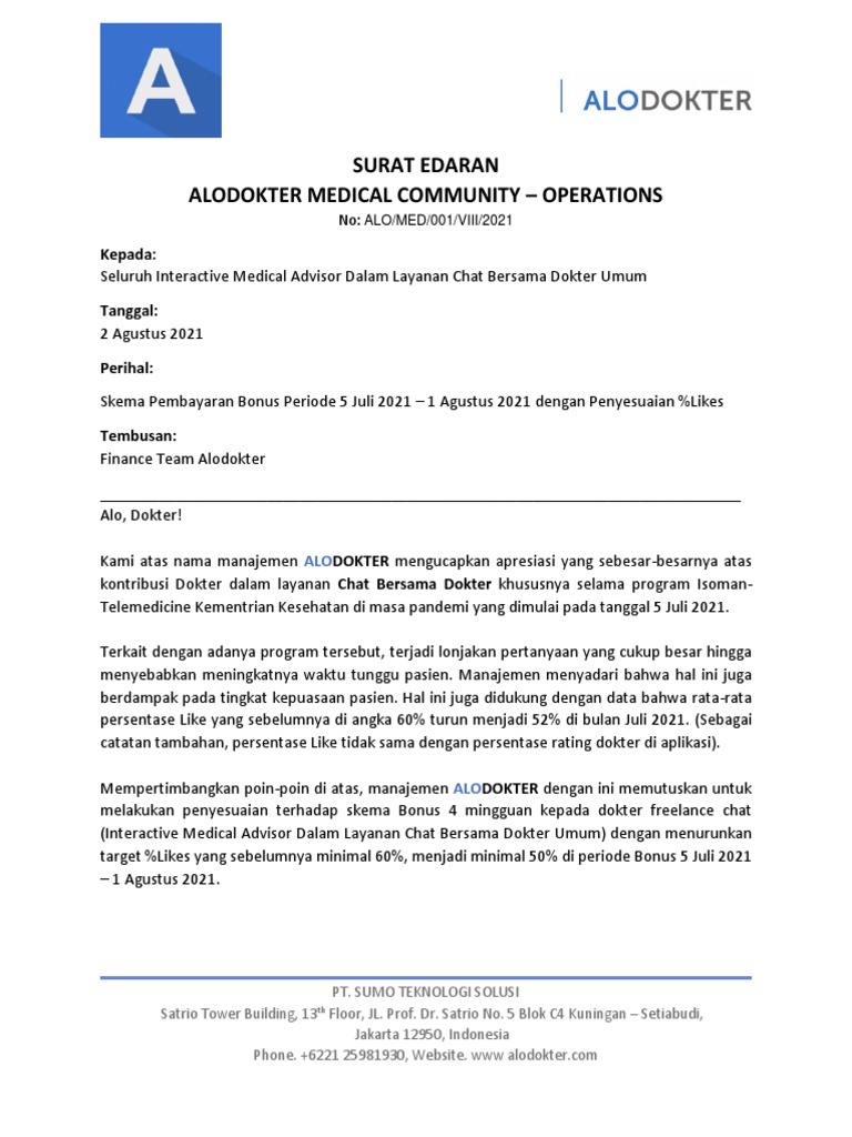 Surat Edaran 2 Agustus 2021 - Skema Bonus Dengan Penyesuaian %likes | PDF