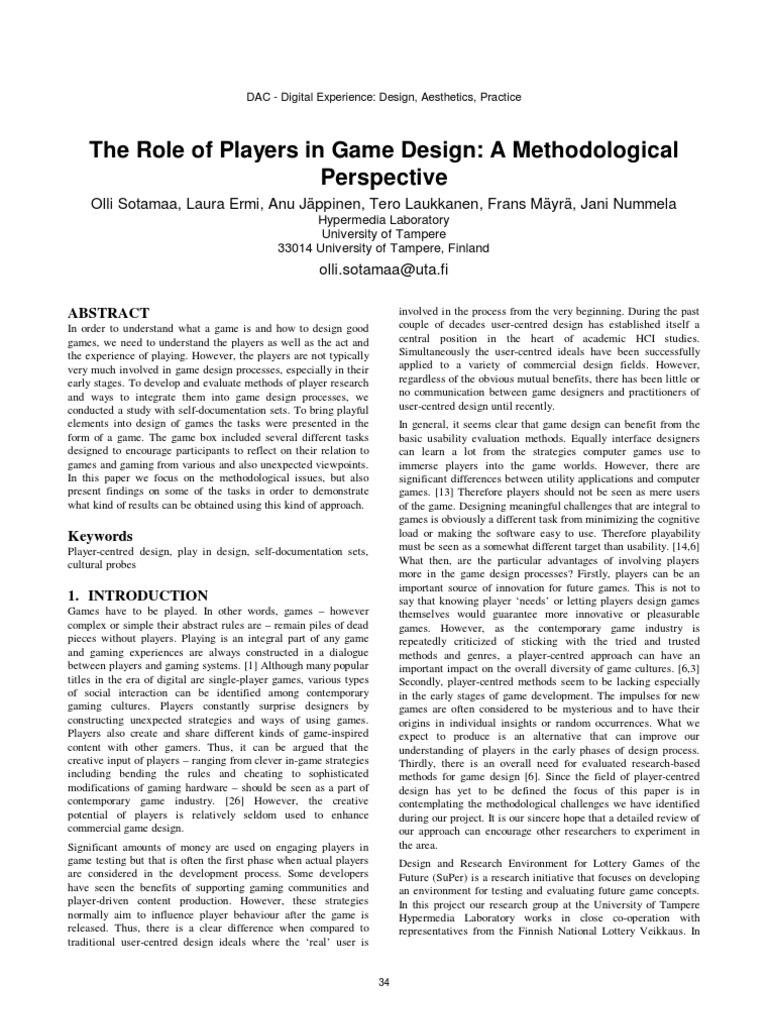 The Role of Players in Game Design: A Methodological Perspective | PDF ...