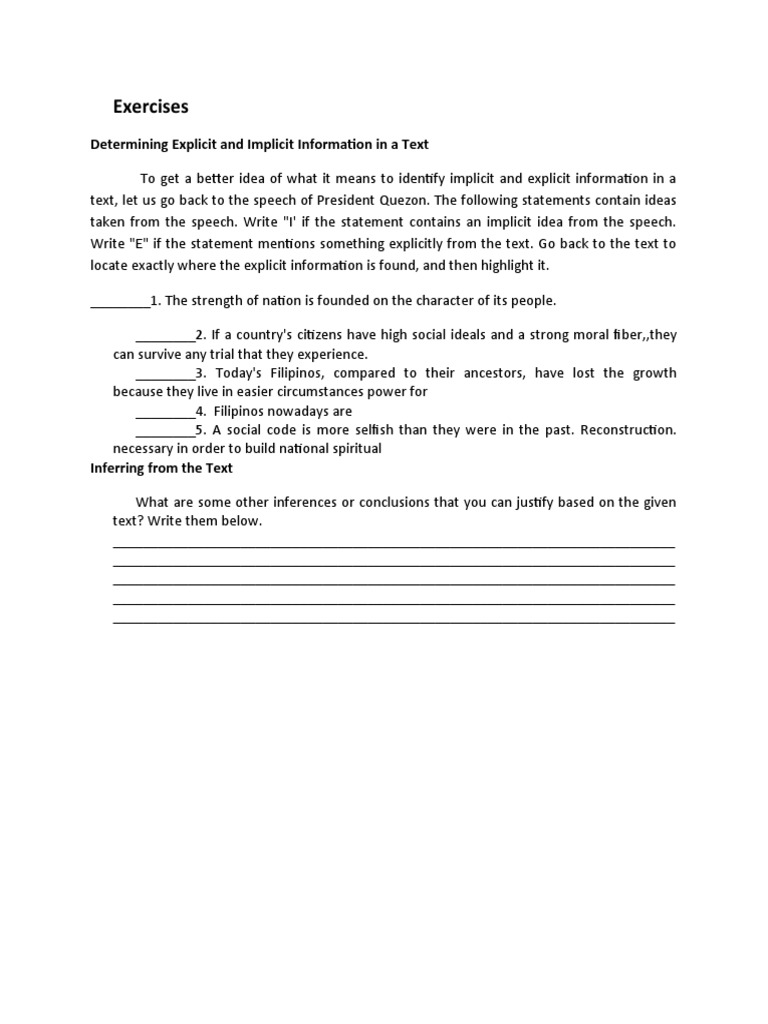 Exercises: Determining Explicit and Implicit Information in A Text | PDF