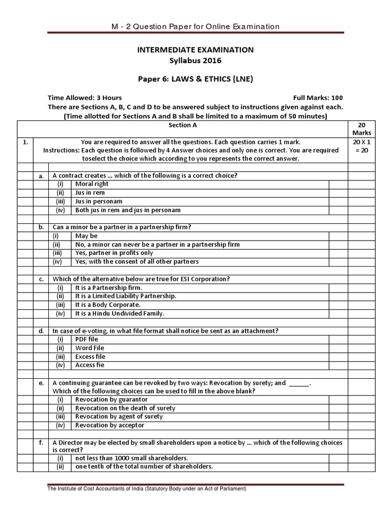 CMA Inter Law Model Question Paper | PDF | Law | Limited Liability ...