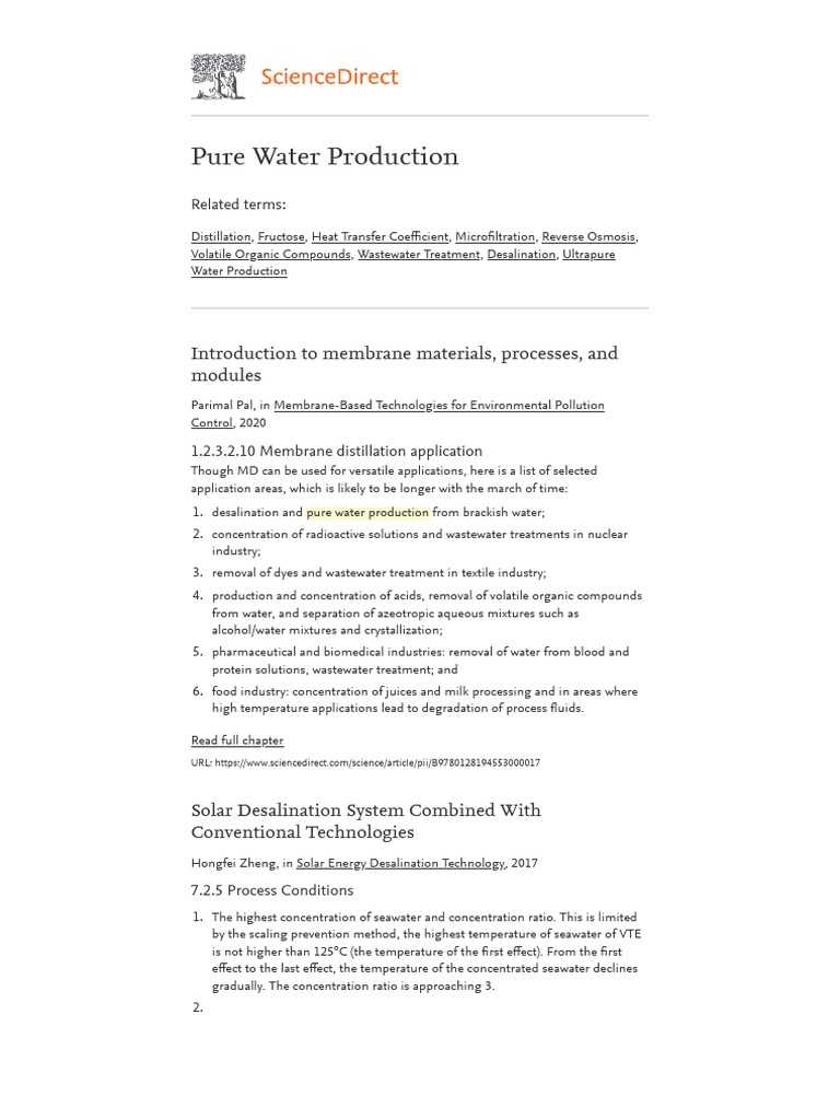 Pure Water Production - An Overview ScienceDirec | PDF | Membrane ...