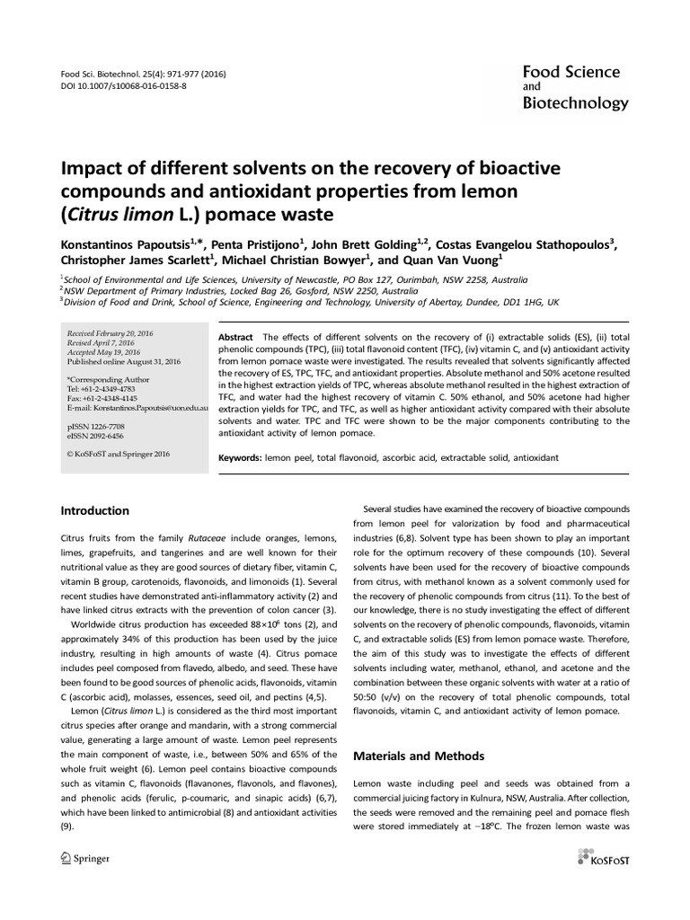 Impact of Different Solvents On The Recovery of Bioactive Compounds and ...