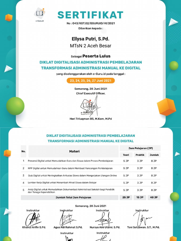 Ellysa Putri, S.Pd. MTSN 2 Aceh Besar Sertifikat Diklat 40JP | PDF