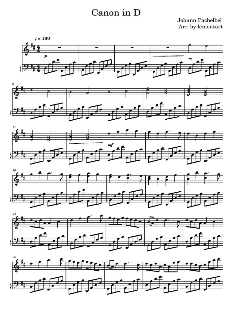 Canon in D: Johann Pachelbel Arr. by Lemontart | PDF | Pachelbel's ...