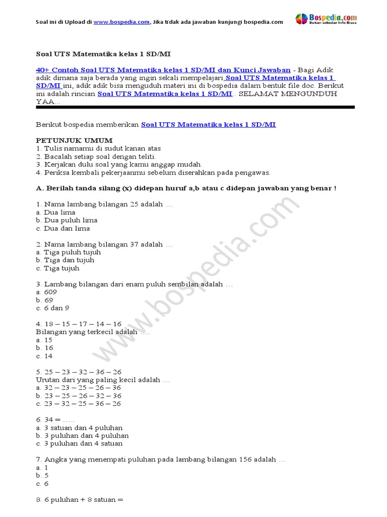 40 Contoh Soal Uts Matematika Kelas 1 Sd Mi Dan Kunci Jawaban Pdf
