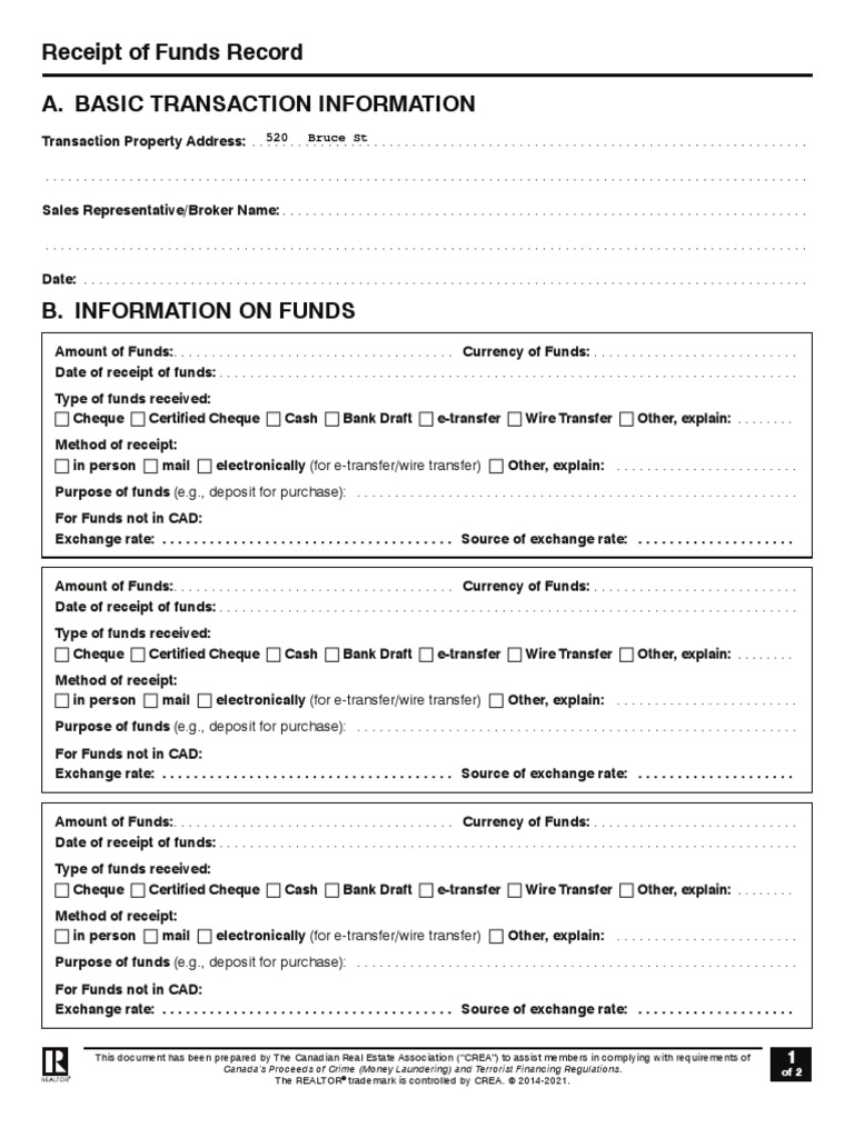 FINTRAC - Receipt of Funds Record - (CREA) | PDF | Real Estate Broker ...