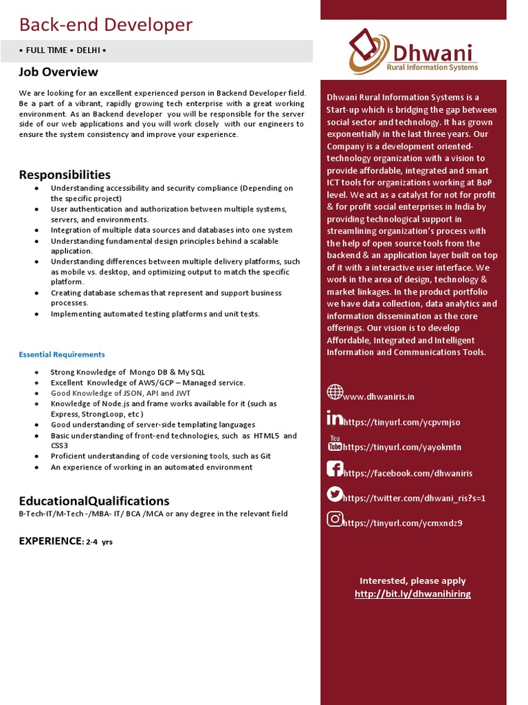 JD - Back-End Developer | PDF | Databases | Software