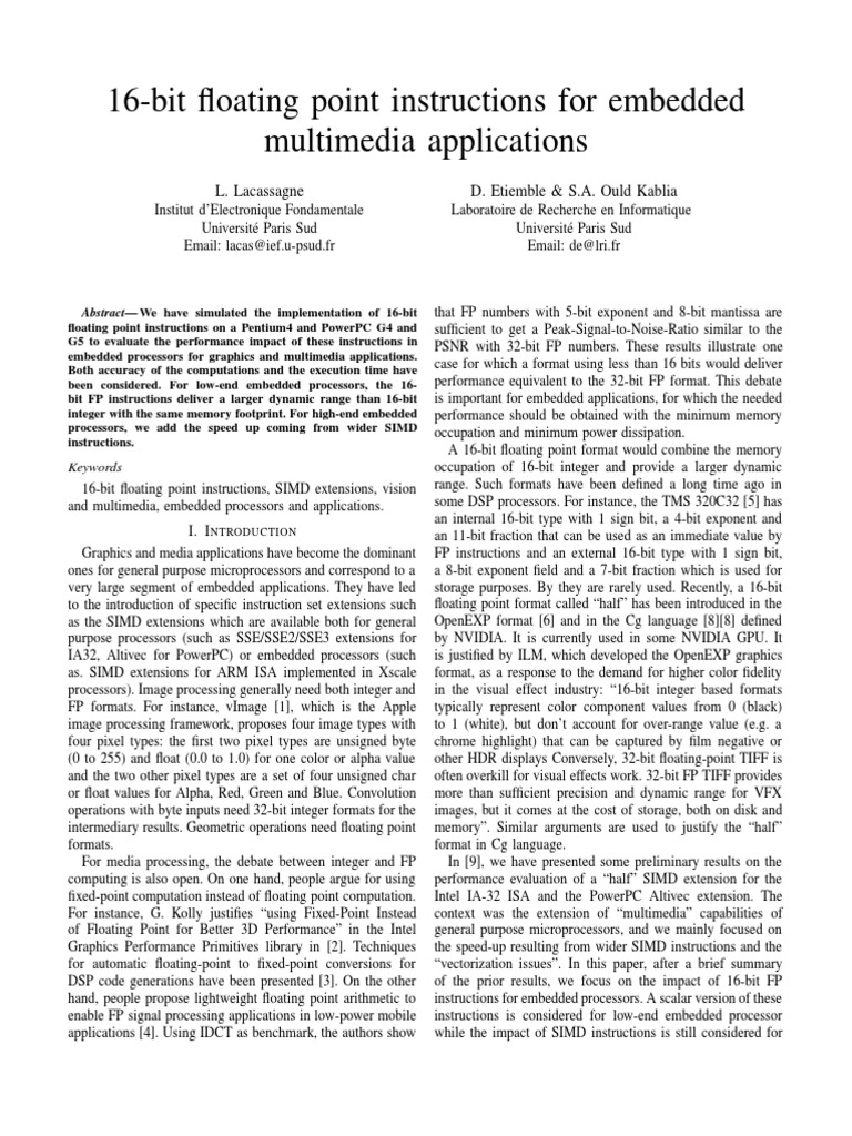 16-Bit Floating Point Instructions For Embedded Multimedia Applications | PDF | Microprocessor ...