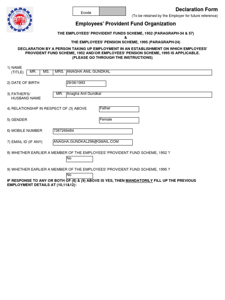 Employee Provident Fund Declaration Form | PDF | Government And ...