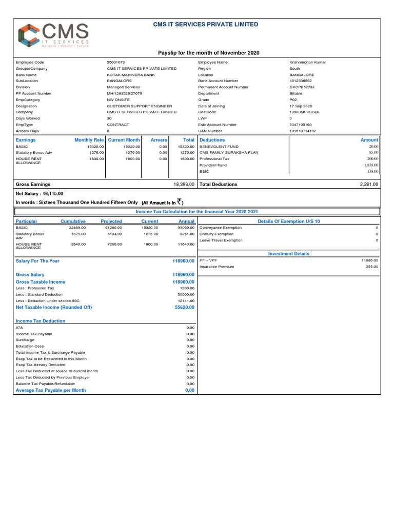 Payslip 2020 2021 11 55001073 CMSITN | PDF | Tax Deduction | Taxes