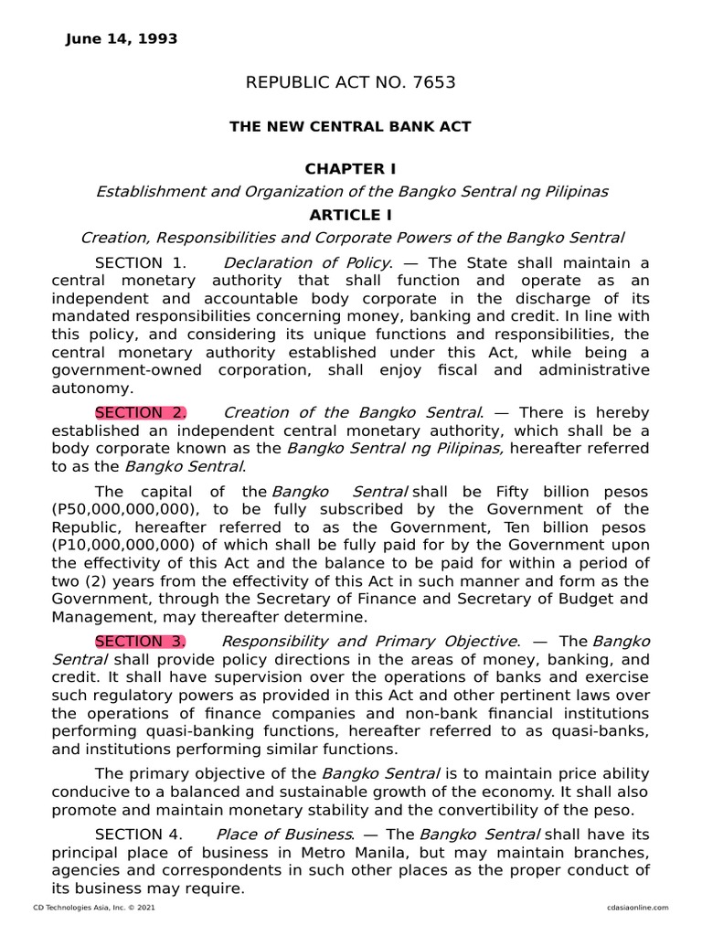 Republic Act No. 7653: Article I | PDF | Liquidation | Conservatorship
