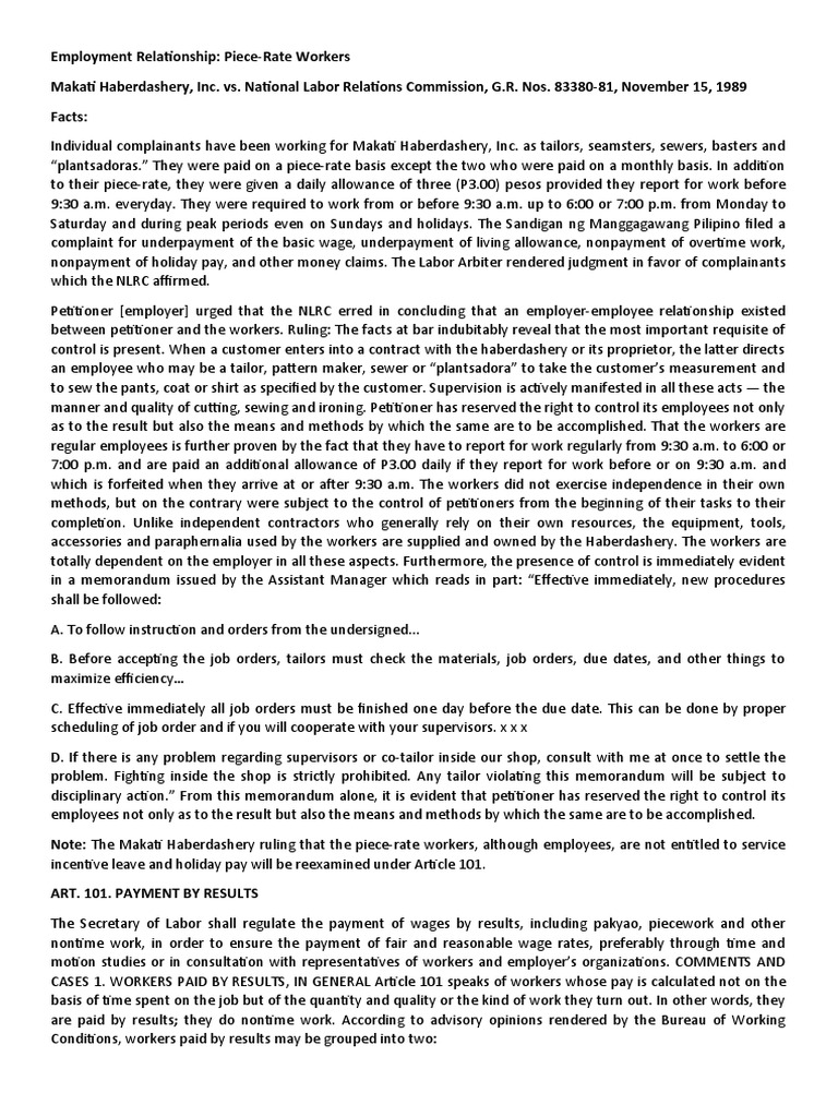 Piece Worker | PDF | Piece Work | Employment