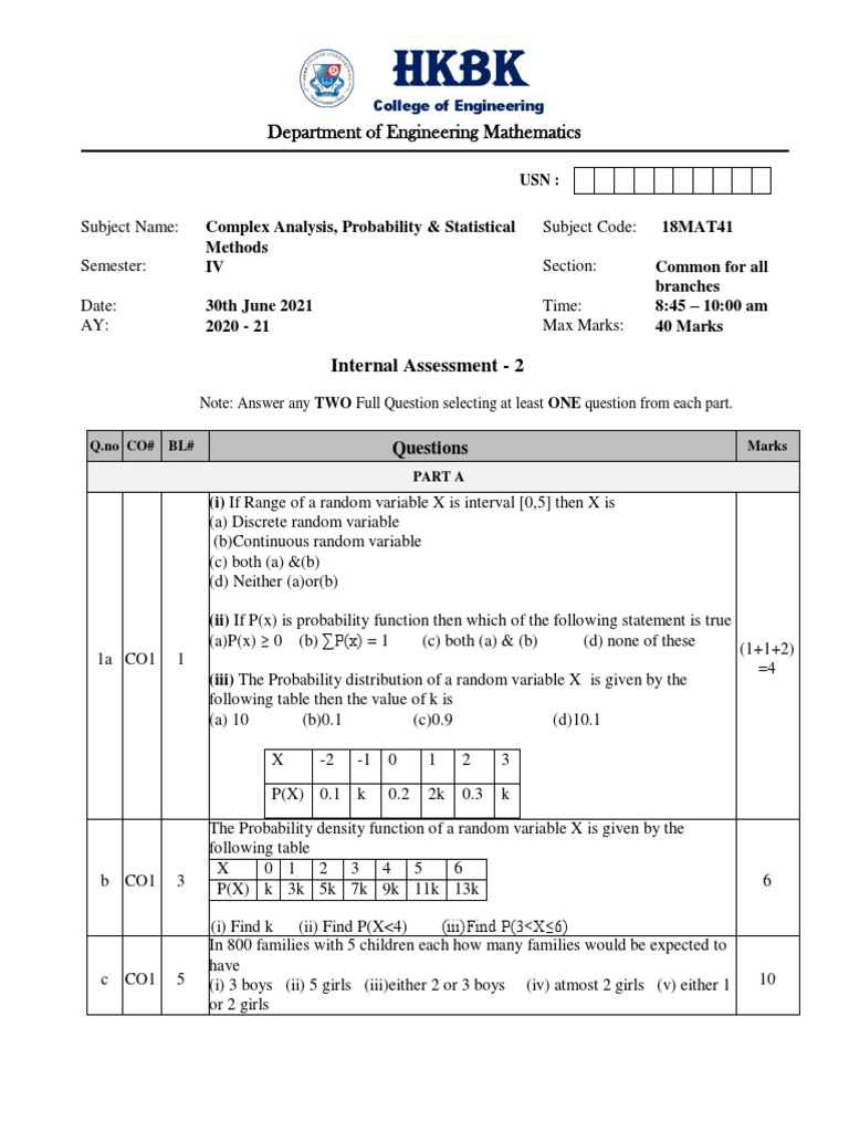 Department of Engineering Mathematics: Internal Assessment - 2 | PDF ...