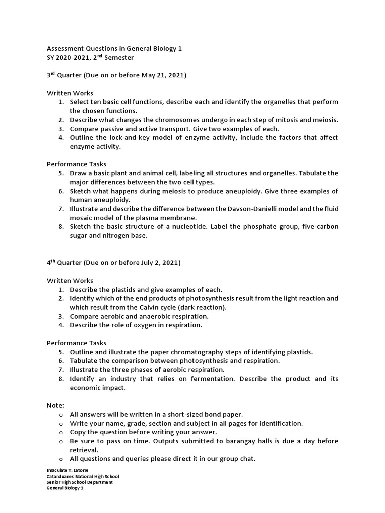 General Biology 1 Assessment Questions | PDF | Science & Mathematics