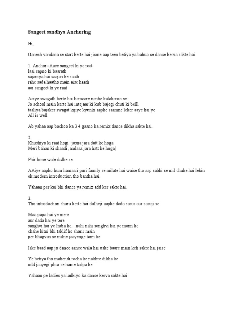 Sangeet Sandhya Anchoring | PDF