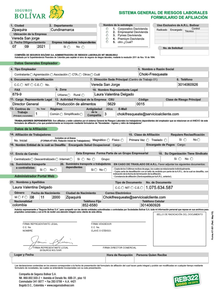 FORMATO DE AFILIACIÓN ARL Al | PDF