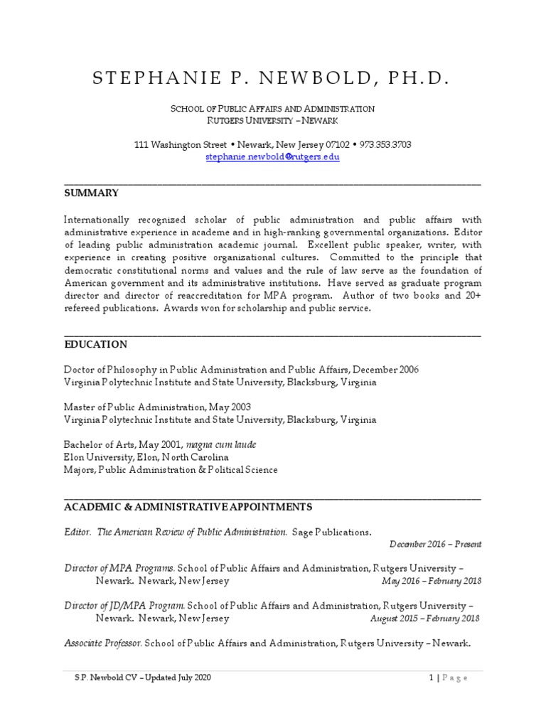 Newbold CV July20 | PDF | Public Administration | Doctor Of Philosophy