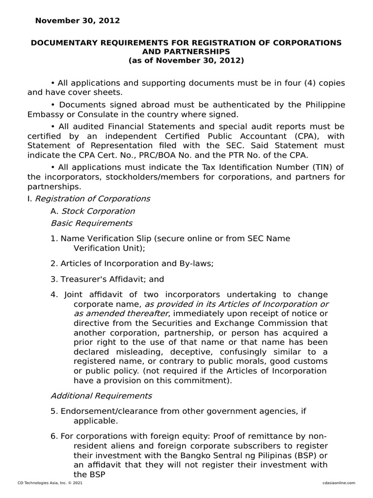 Registration of Corporations Stock Corporation Basic Requirements | PDF ...