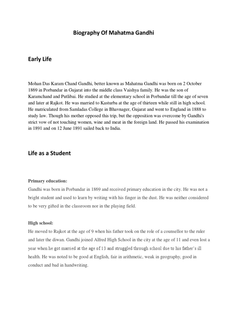 Bio of Mahatma Gandhi | PDF | Mahatma Gandhi | British Raj