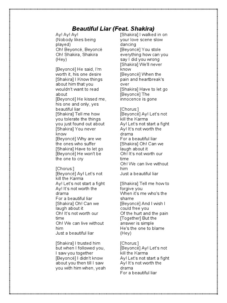 Beautiful Liar Lyrics Analysis | PDF | Song Recordings Produced ...