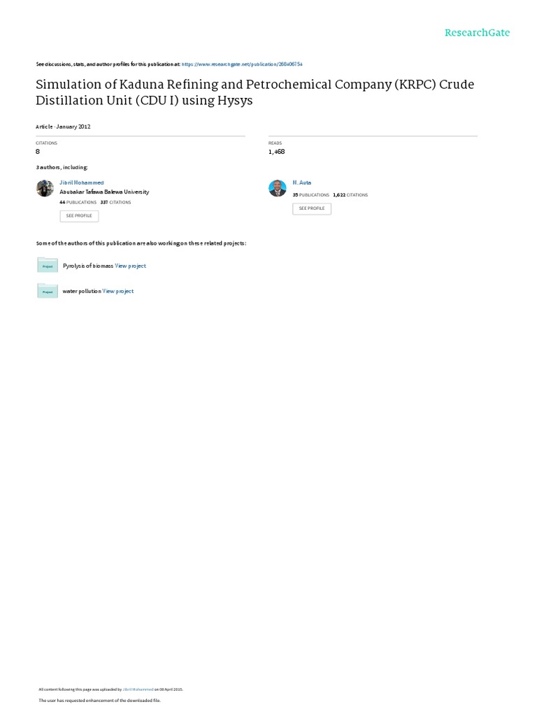 Simulation of Kaduna Refining and Petrochemical Company (KRPC) Crude ...