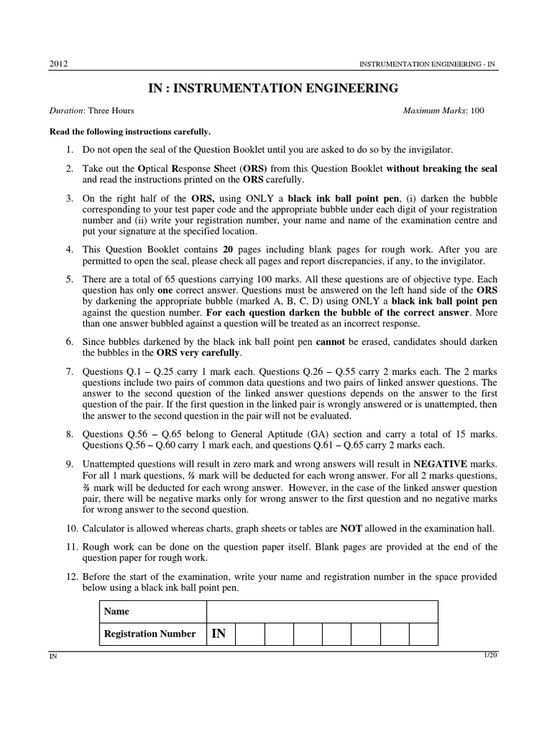 In: Instrumentation Engineering: Duration: Three Hours | PDF ...