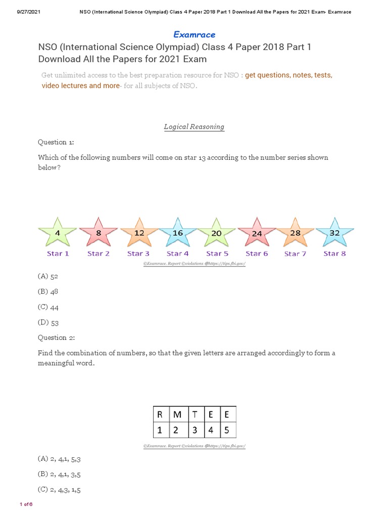 NSO (International Science Olympiad) Class 4 Paper 2018 Part 1 Download ...