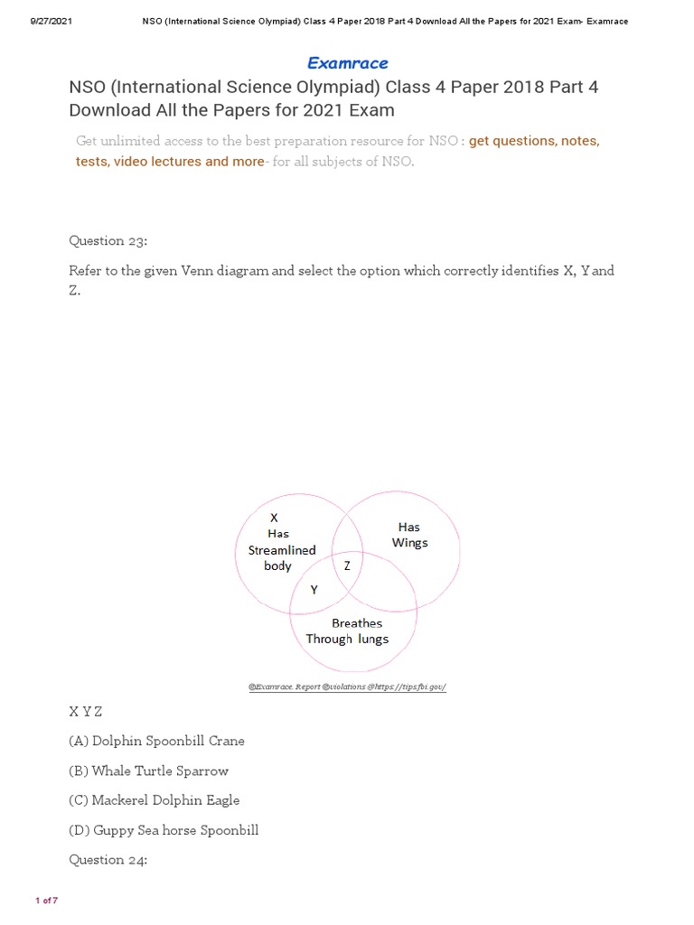 NSO (International Science Olympiad) Class 4 Paper 2018 Part 4 Download ...
