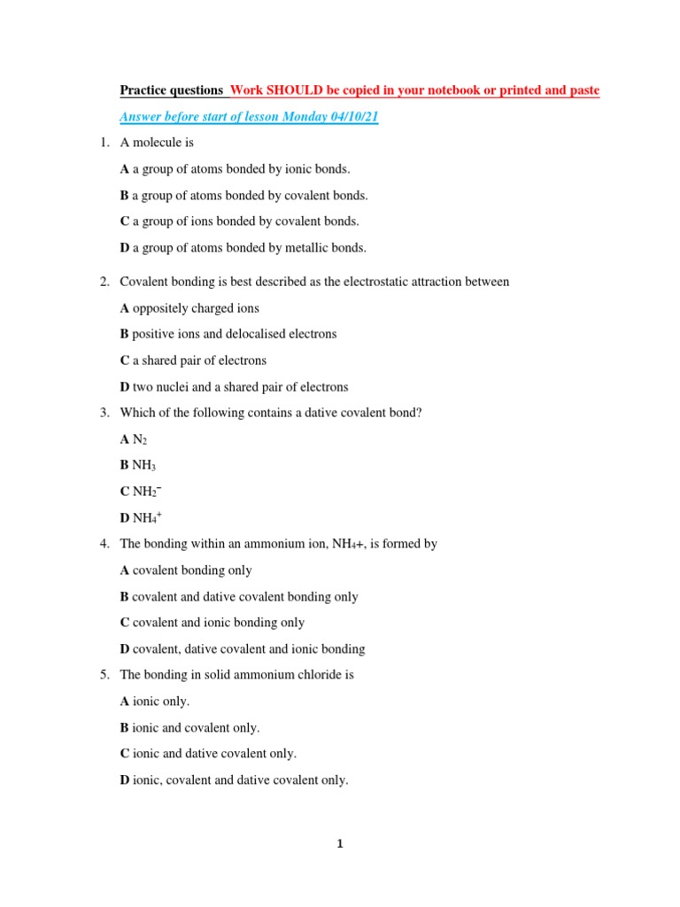 Practice Questions Covalent Bonding | PDF | Chemical Bond | Ionic Bonding